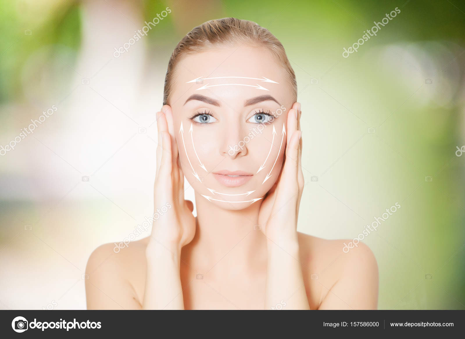 Young Woman face with marks and arrows on green Stock Photo by ...