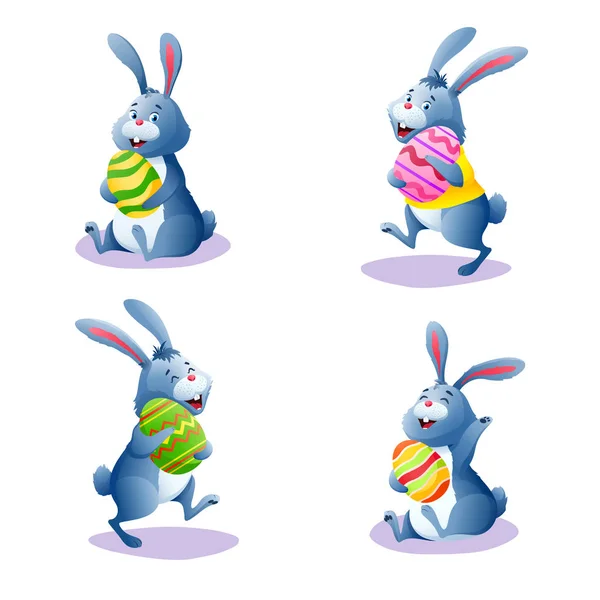 Blue cartoon Easter rabbit running with paschal egg isolated on white ...