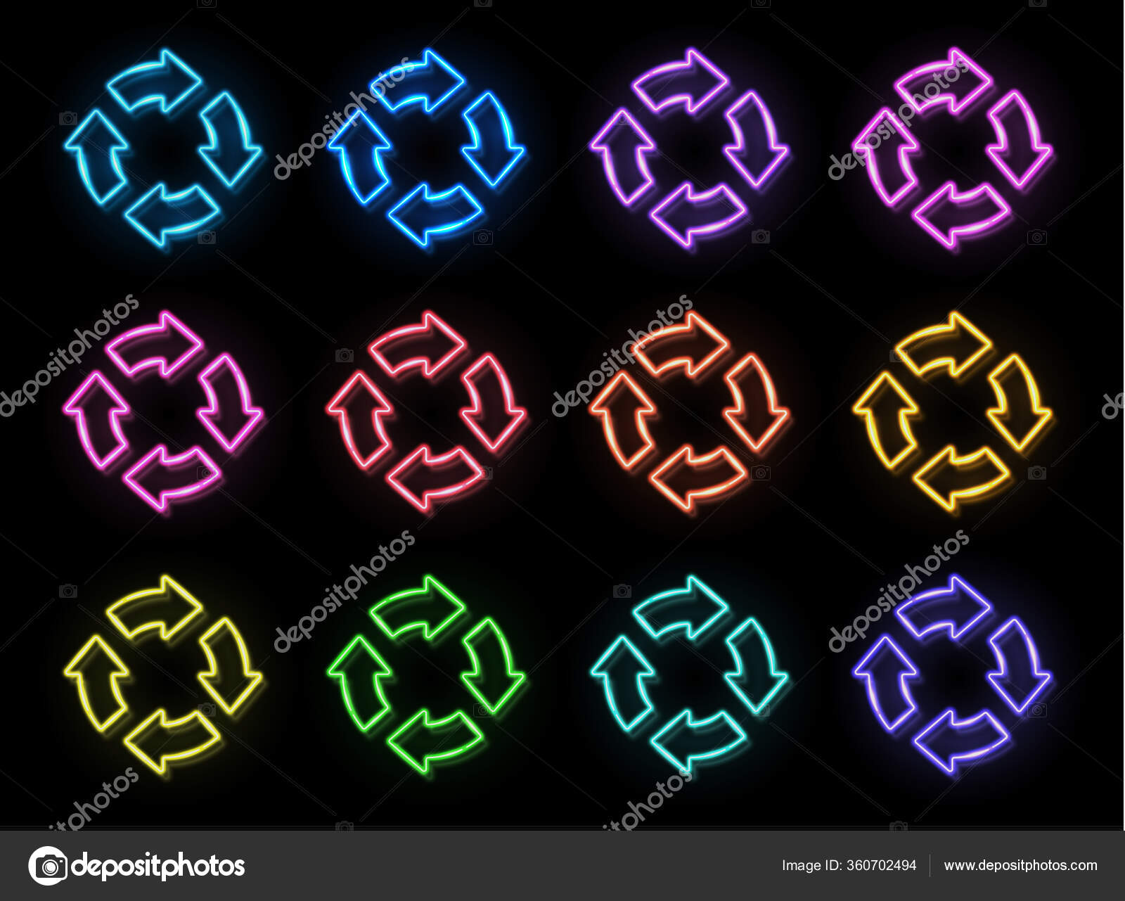 Arrow circle icon set. 3d color neon signs on black background. Glowing ...