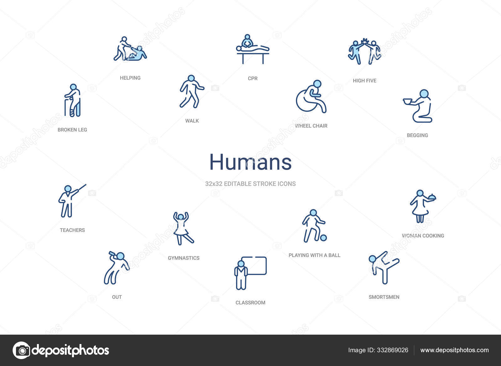 Humans concept 14 colorful outline icons. 2 color blue stroke ic Stock ...