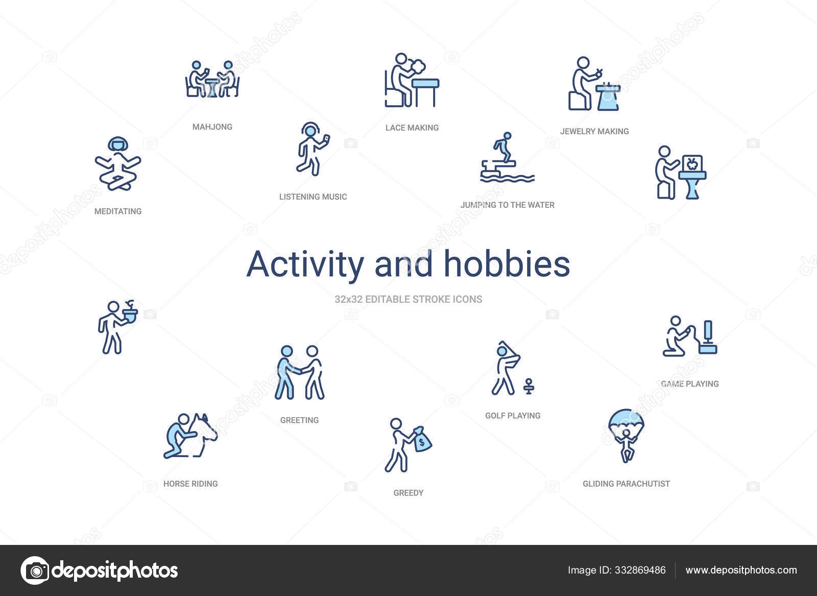 Activity and hobbies concept 14 colorful outline icons. 2 color Stock ...