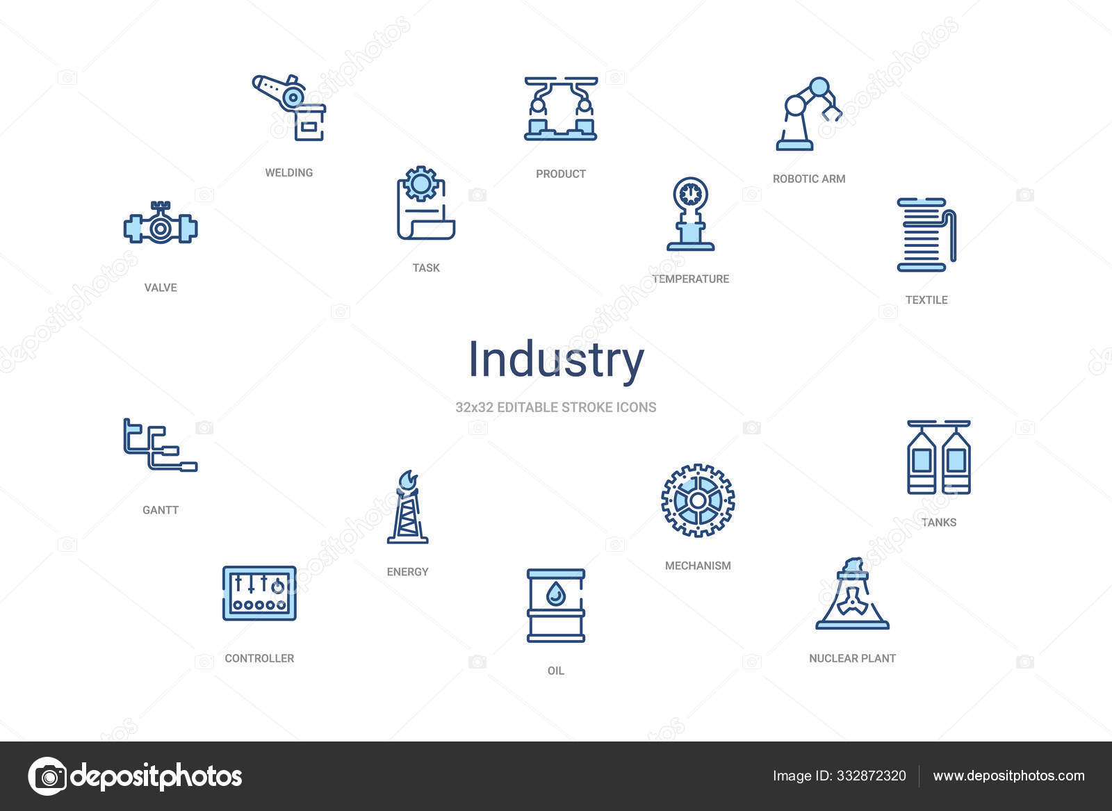 Industry concept 14 colorful outline icons. 2 color blue stroke Stock ...