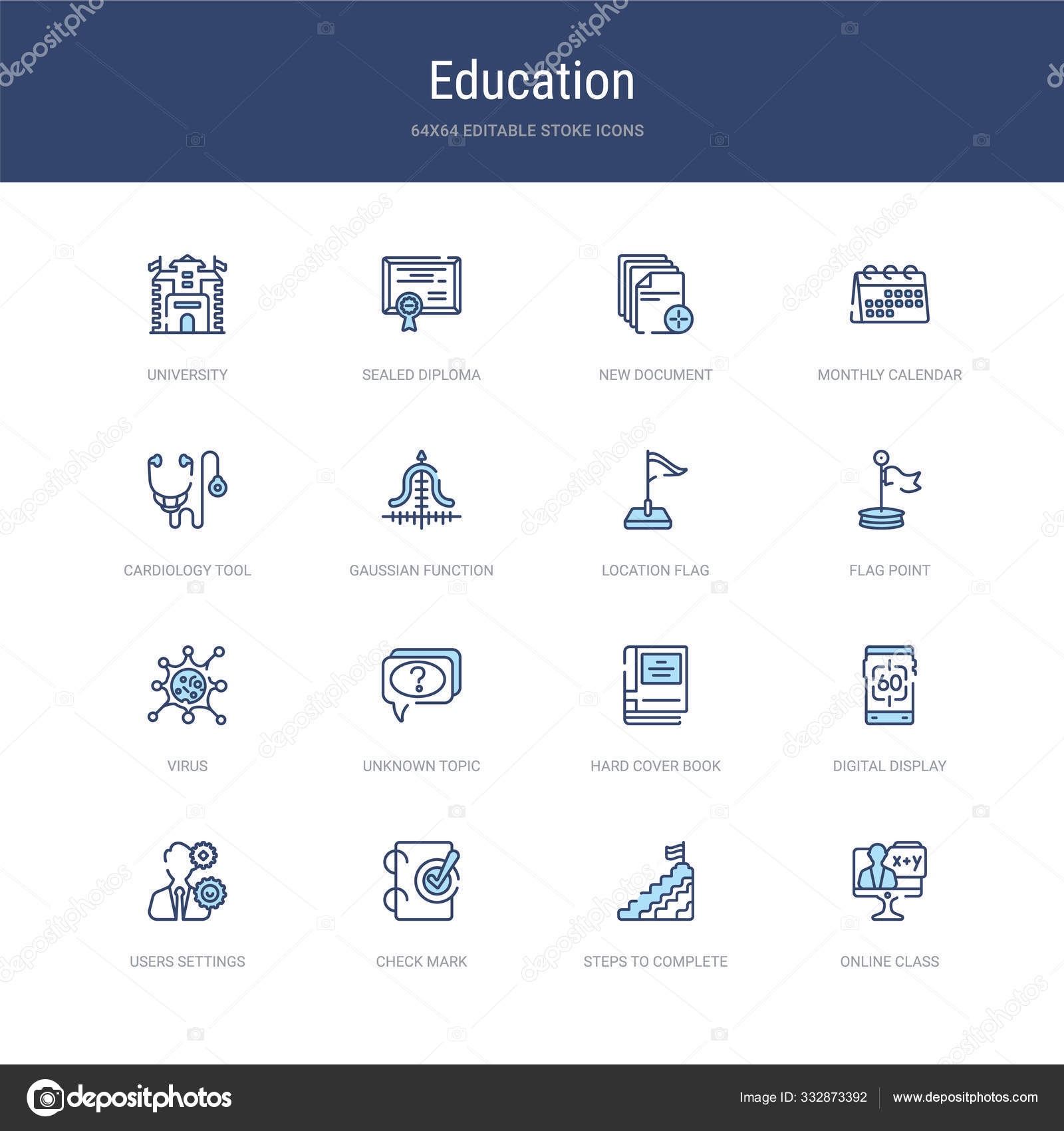 Set of 16 vector stroke icons such as online class, steps to com Stock ...