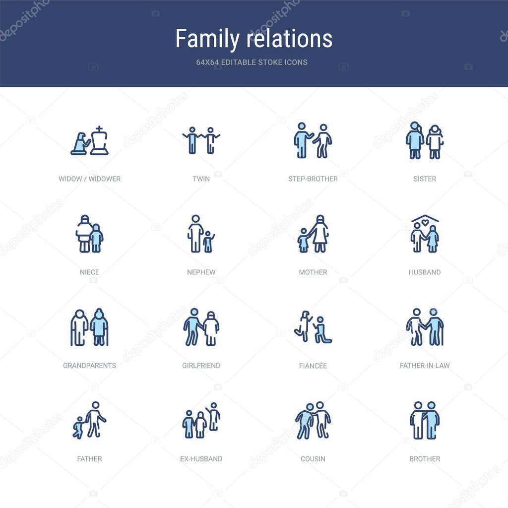 set of 16 vector stroke icons such as brother, cousin, ex-husband ...