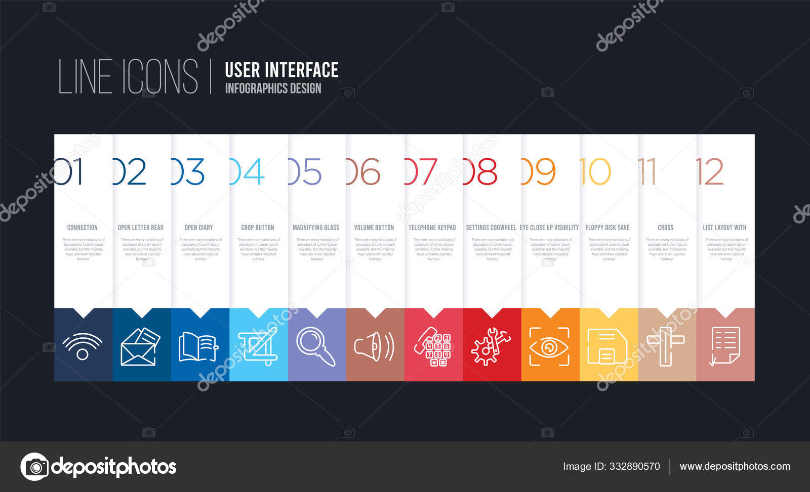 Infographic design with 12 options. stroke line icons such as vo Stock ...