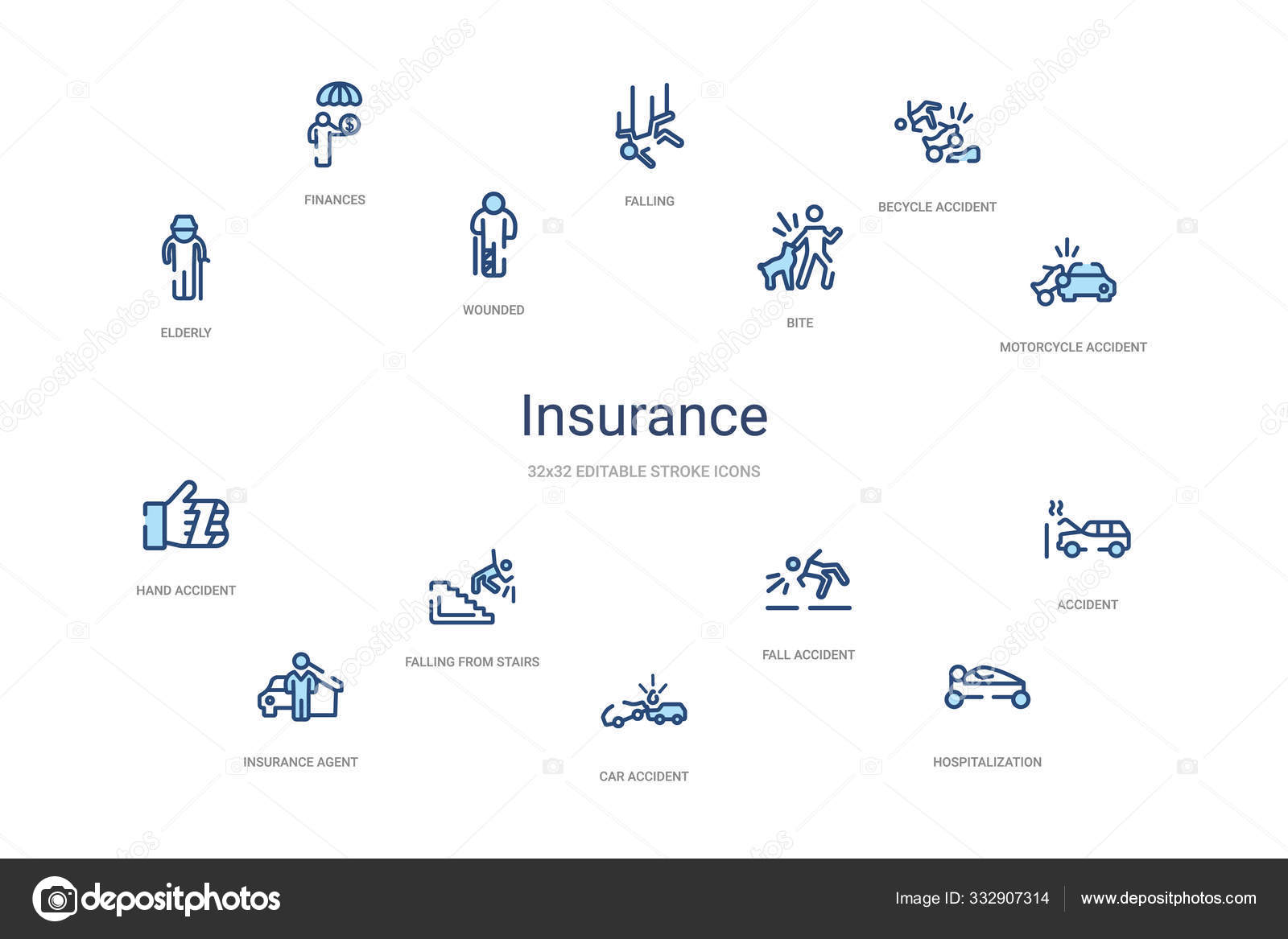 Insurance concept 14 colorful outline icons. 2 color blue stroke Stock ...