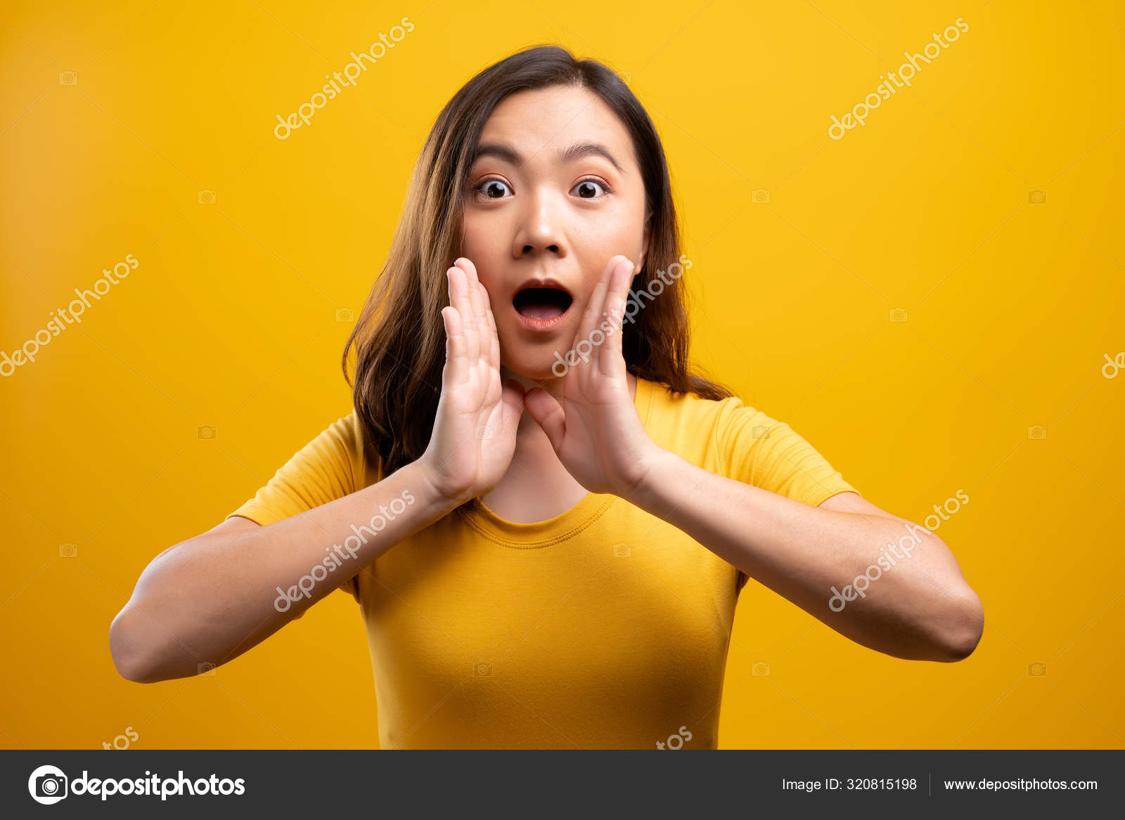 Woman make gossip gesture isolated over yellow background — Stock Photo ...
