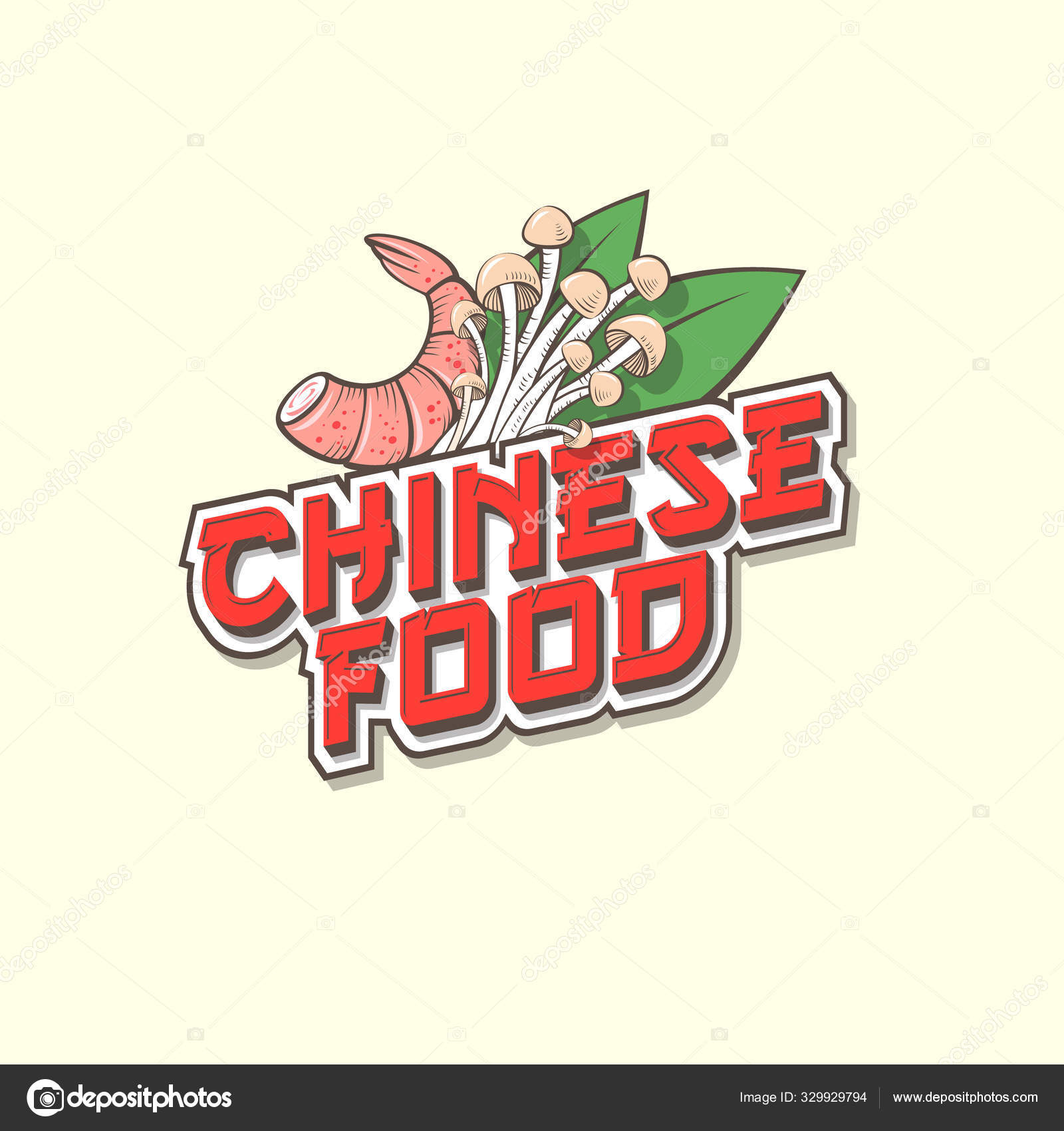 Chinese Food Logo Red Lettering Asian Mushroom Leaves Shrimp Emblem ...