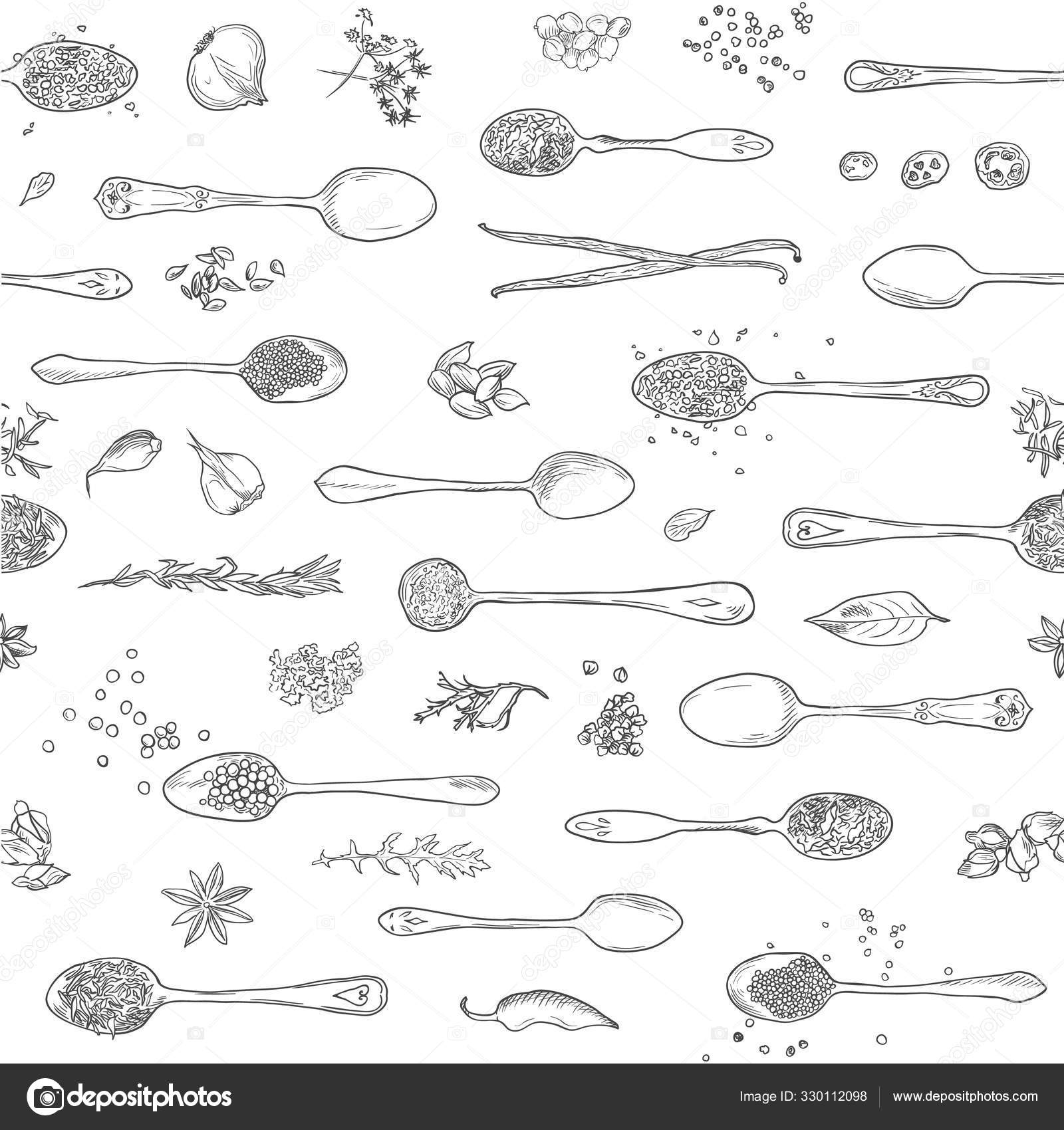 Spices, condiments background. Organic and fresh herbs. Hand drawn ...