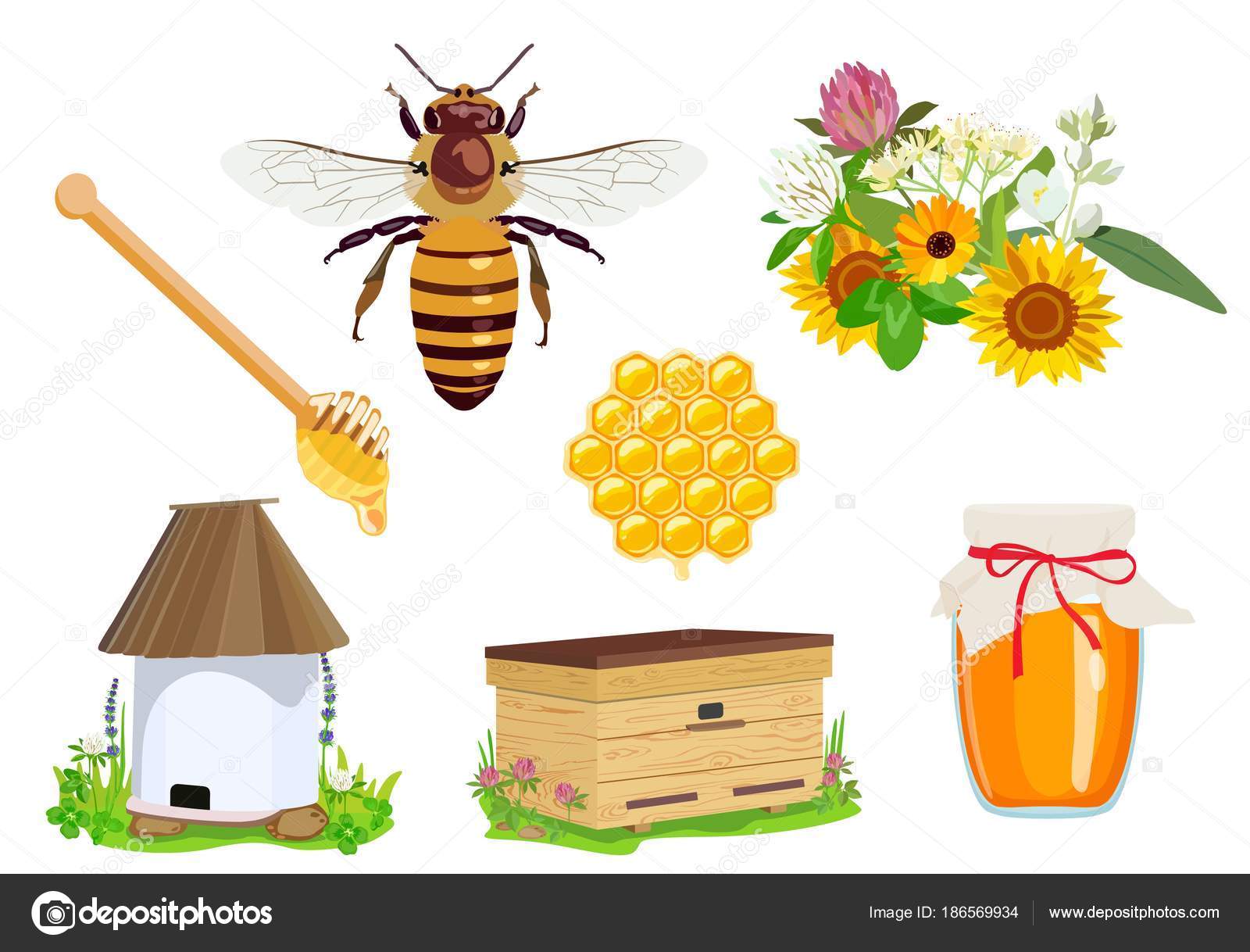 Design and products of beekeeping. Honey. Useful insects. Vector ...
