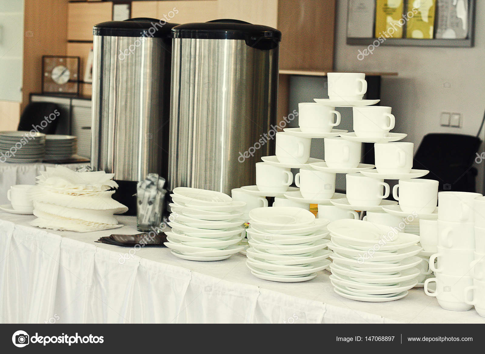 Tea sets, collection white coffee cups, buffet, catering,Plates stacked ...