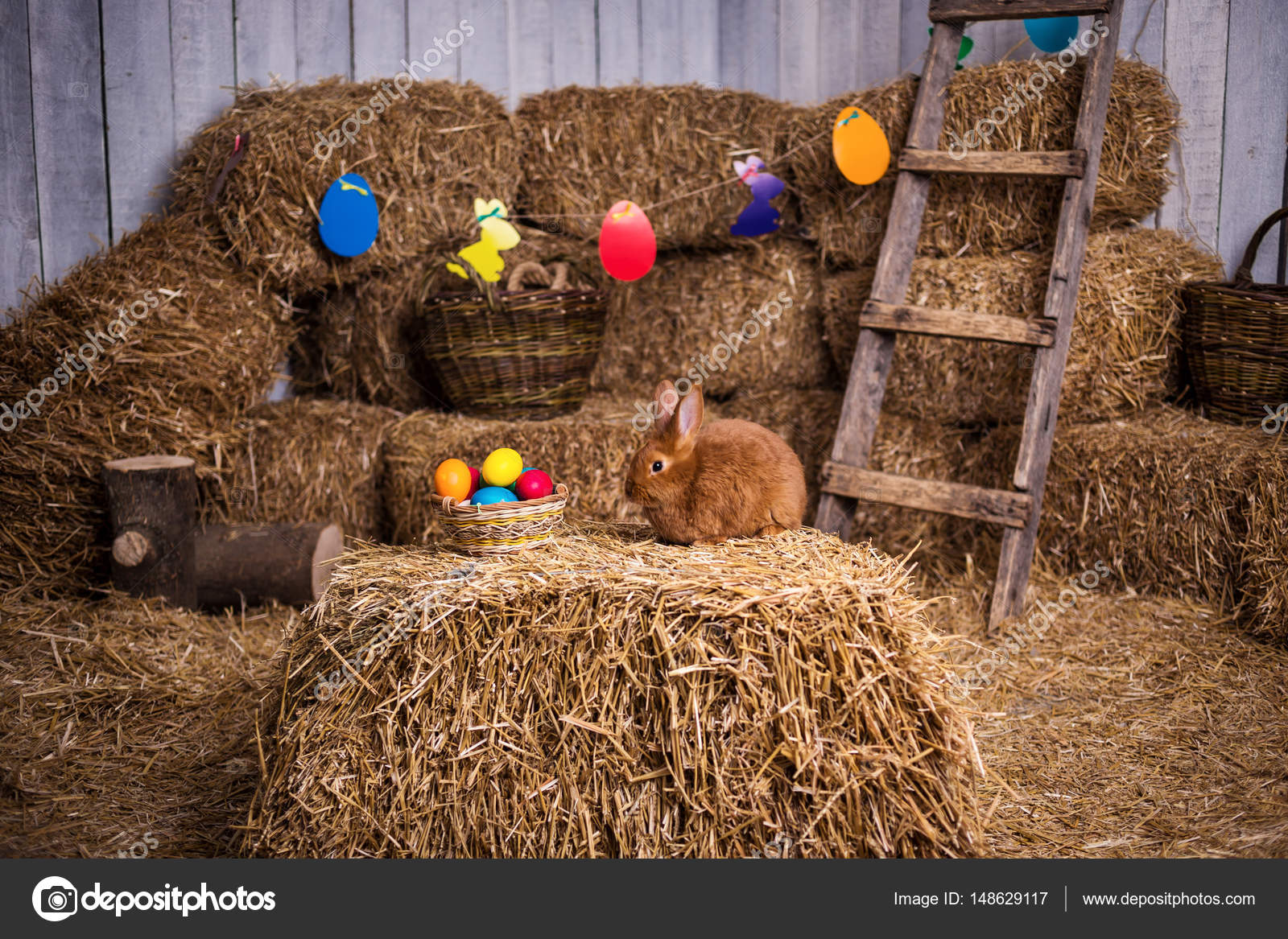 Funny little rabbit among Easter eggs in velour grass,rabbits with ...