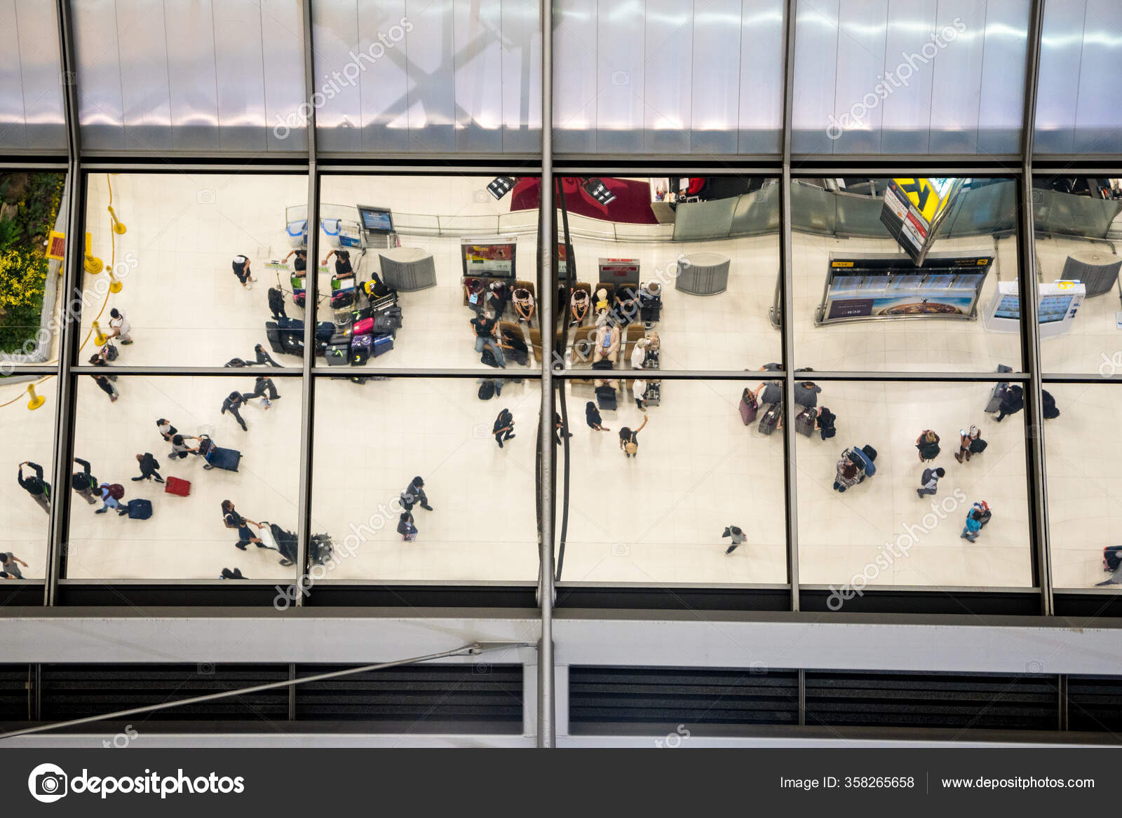 Reflection Glass Top View People Line Queue Luggage Briefcase Travel ...