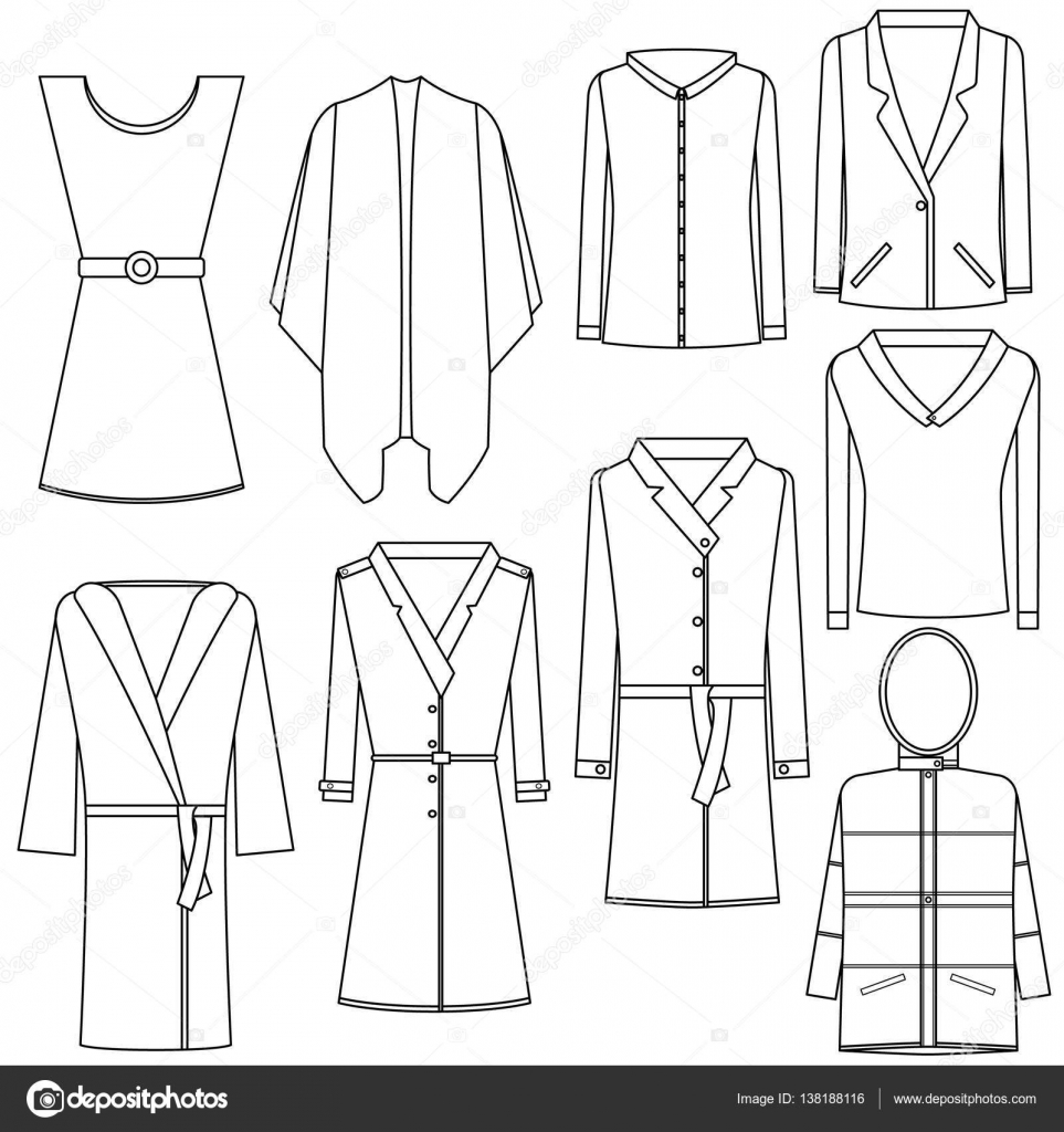Set female clothing. Women clothes icons. Transparent and outline ...