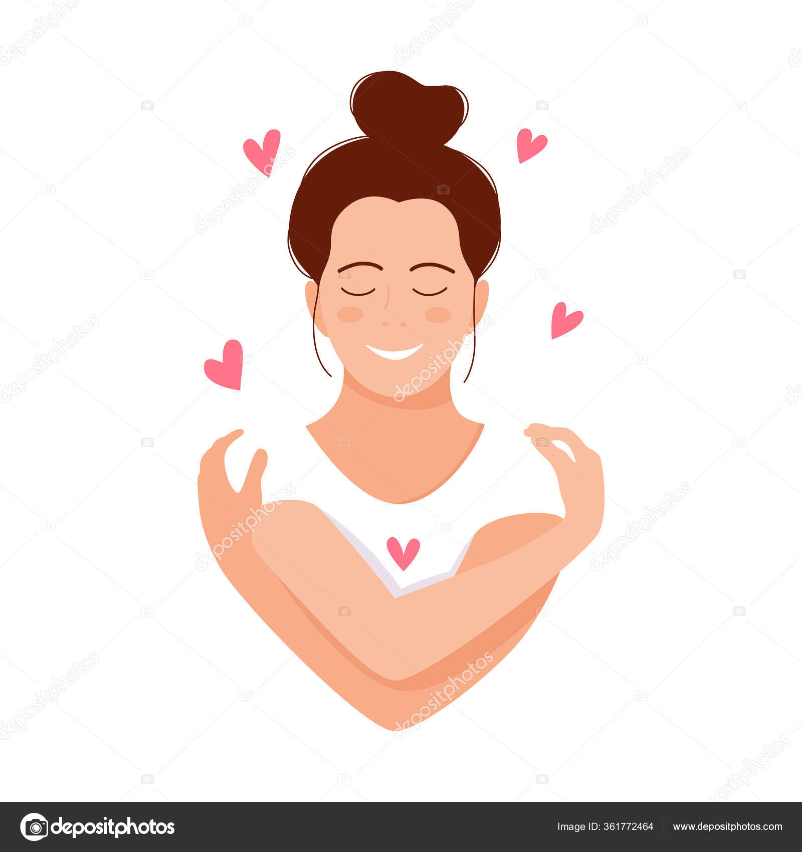 Woman Hugging Herself With Hearts On White Background Love Yourself
