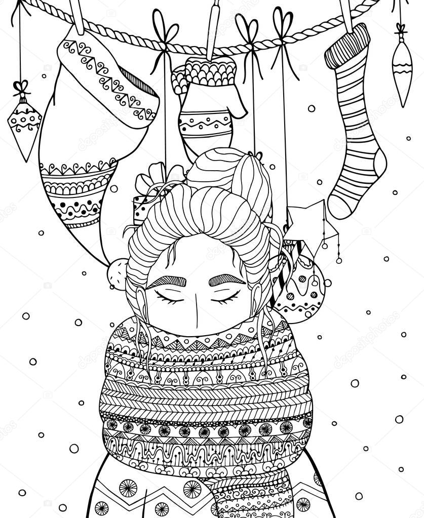 Векторная иллюстрация Zentangl девушка Рождество в шарф Doodle рисунок