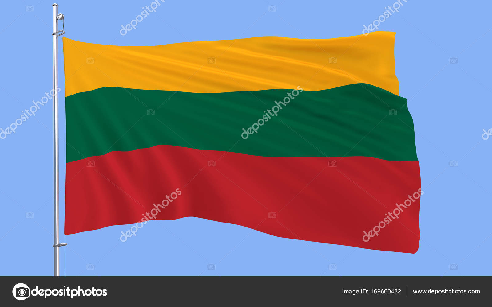 Flag of Lithuania on a flagpole fluttering in the wind on a clear blue ...
