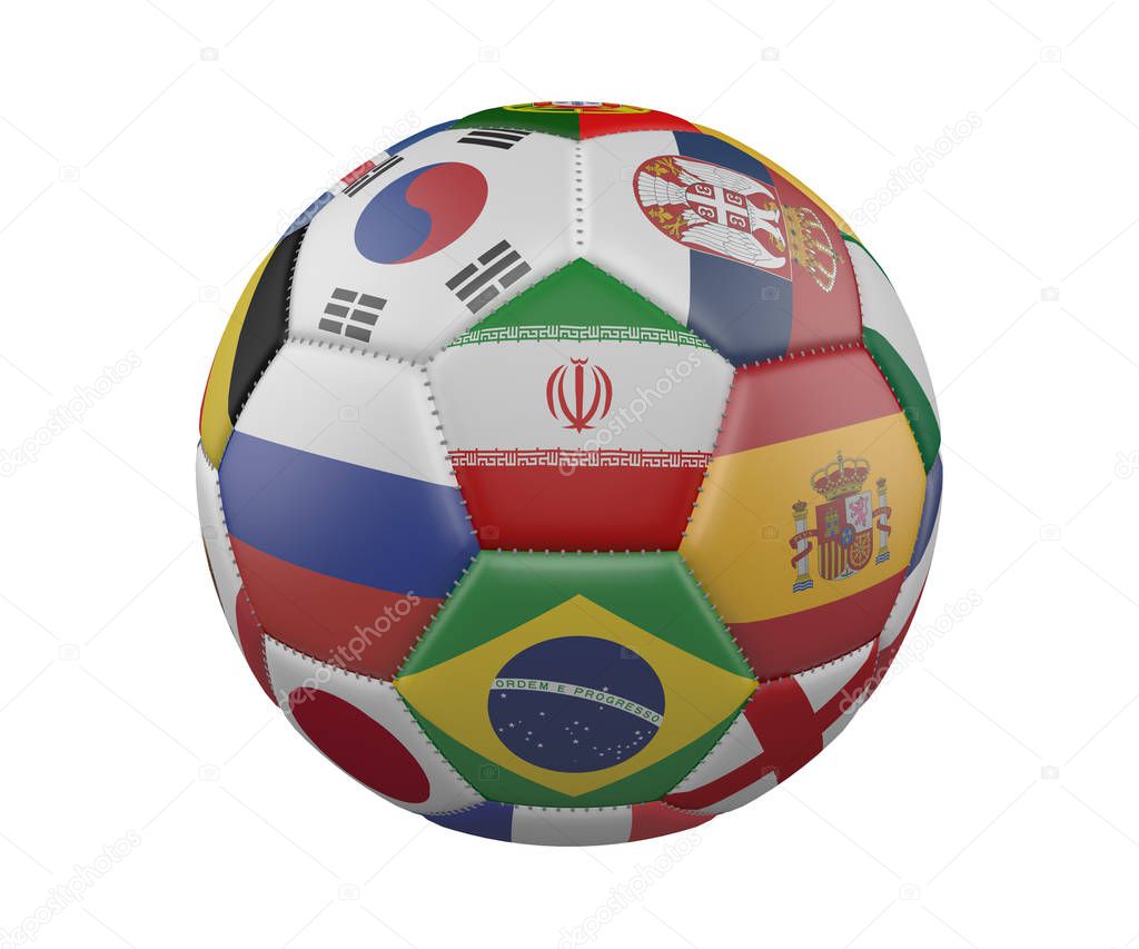 Pelota de f tbol con banderas aisladas sobre fondo blanco, Ir n en el centro, representaci n 3d ...
