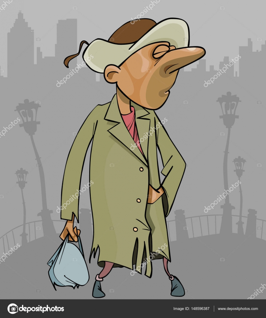 Hombre sin hogar de dibujos animados en un abrigo andrajoso con bolsa ...