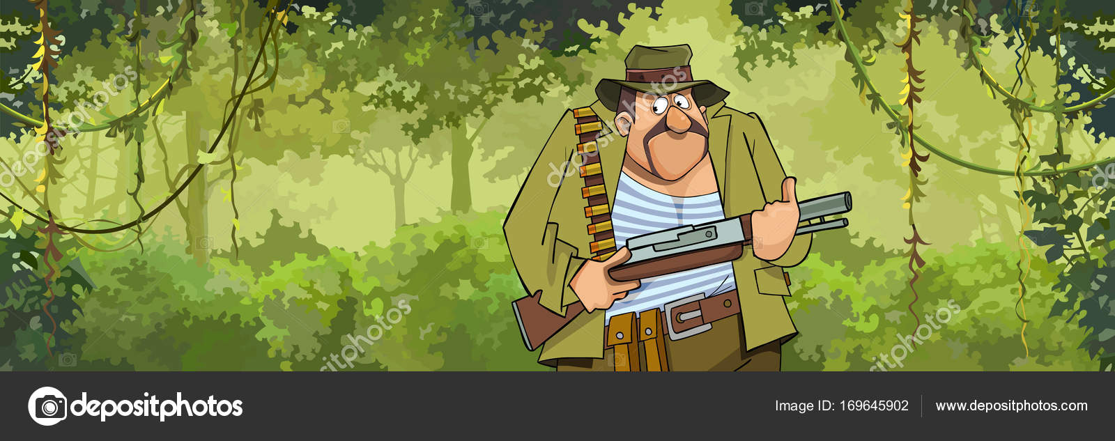 Cartoon man hunter with a gun walking through the forest Stock Vector ...