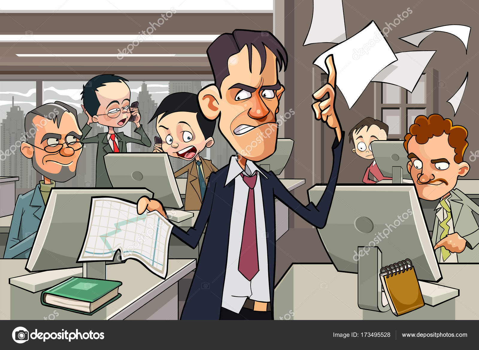 Cartoon angry man shows a graph on a sheet of paper Stock Vector Image ...