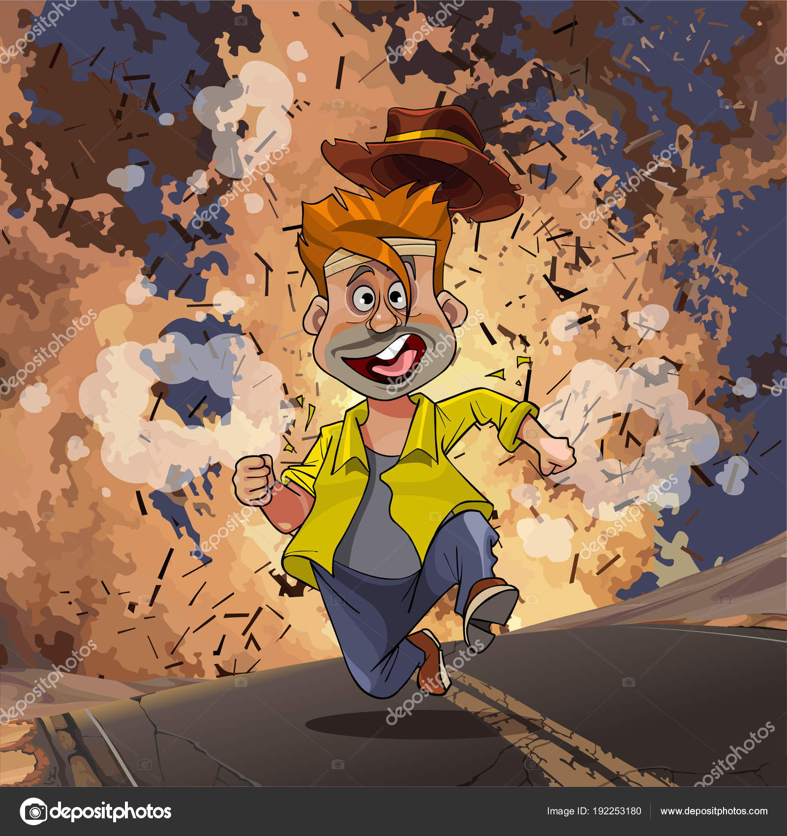 Hombre de dibujos animados huyendo de una explosión en la carretera ...