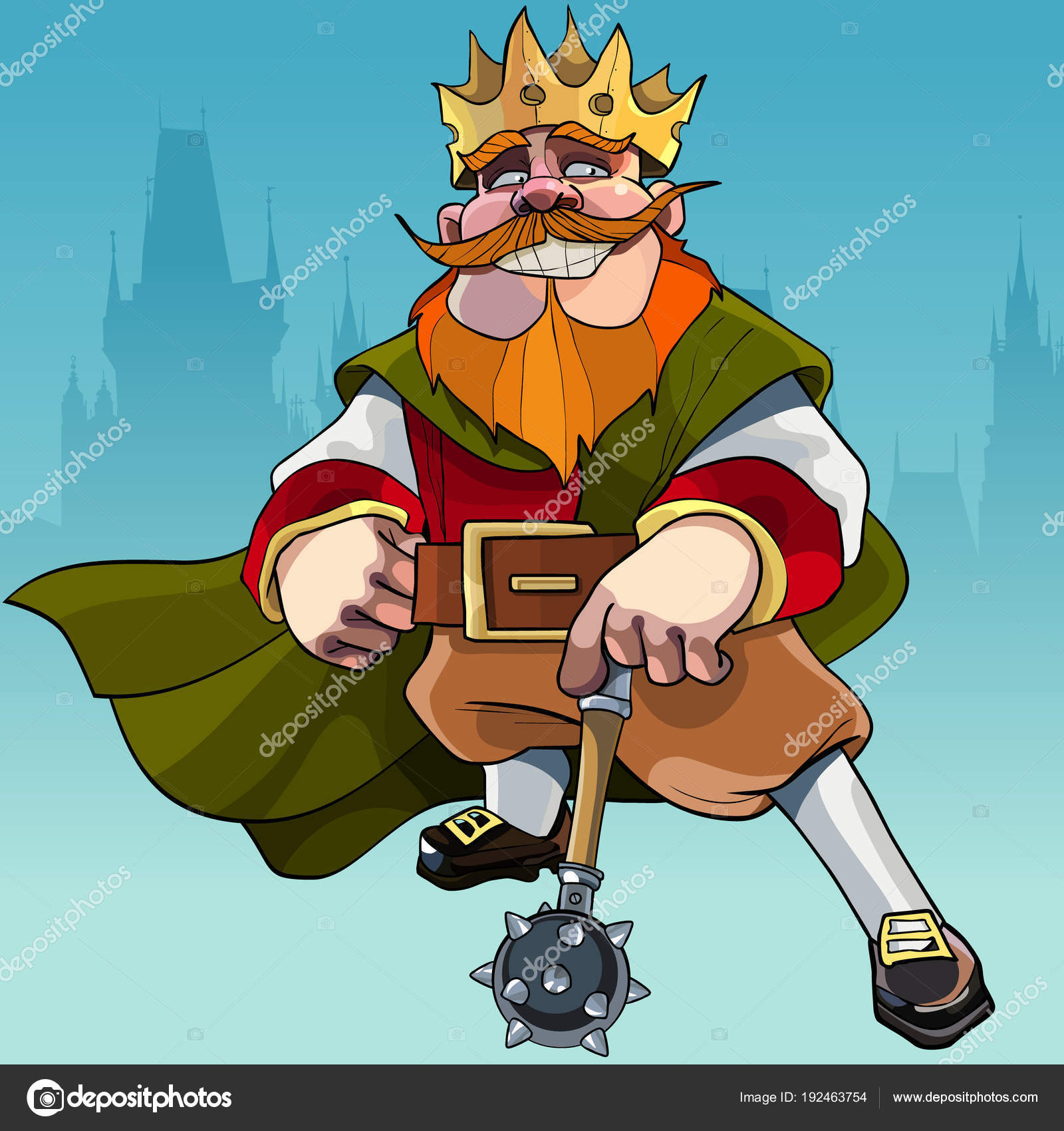 Cartoon king with a mace in the background of the castle Stock ...