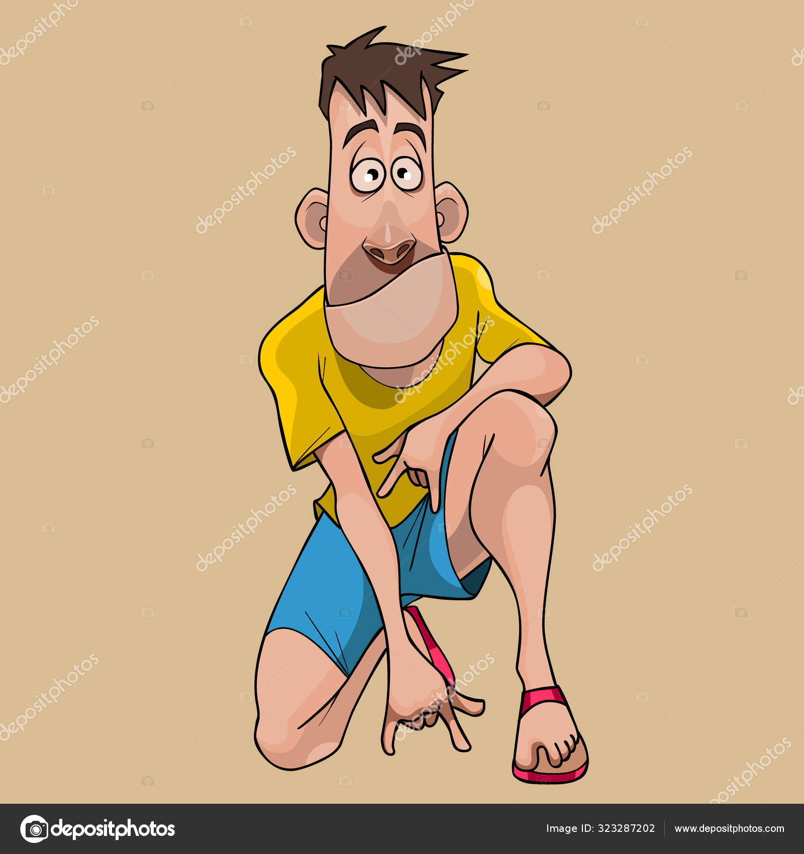 Cartoon guy in summer clothes crouched on one knee Stock Vector Image ...