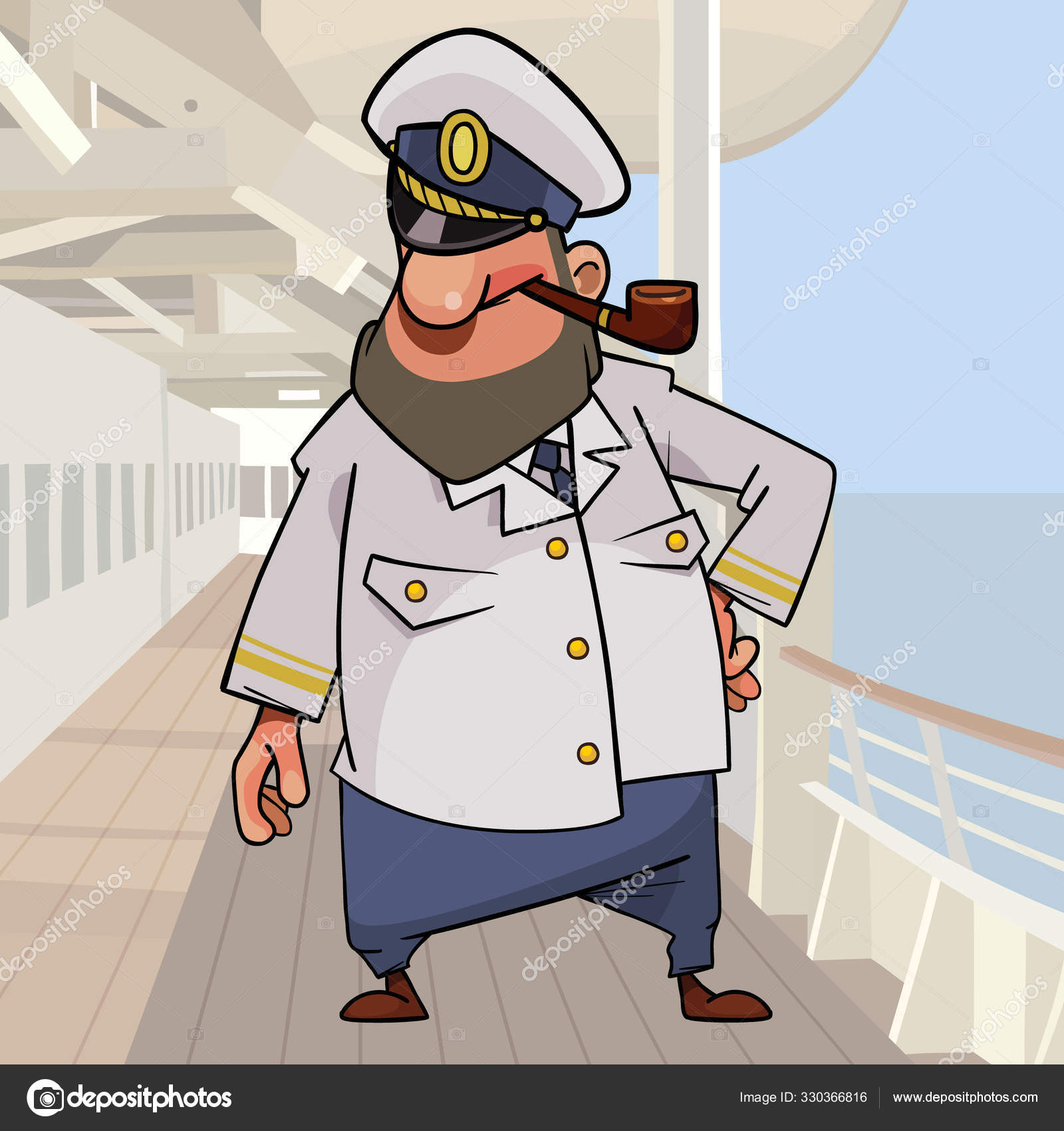 Cartoon ship captain with a pipe in his mouth on the deck of the ship ...