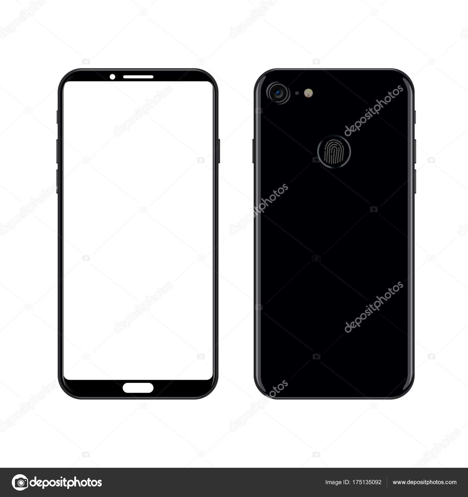 Smartphone design concept. Black smart phone front and back view ...