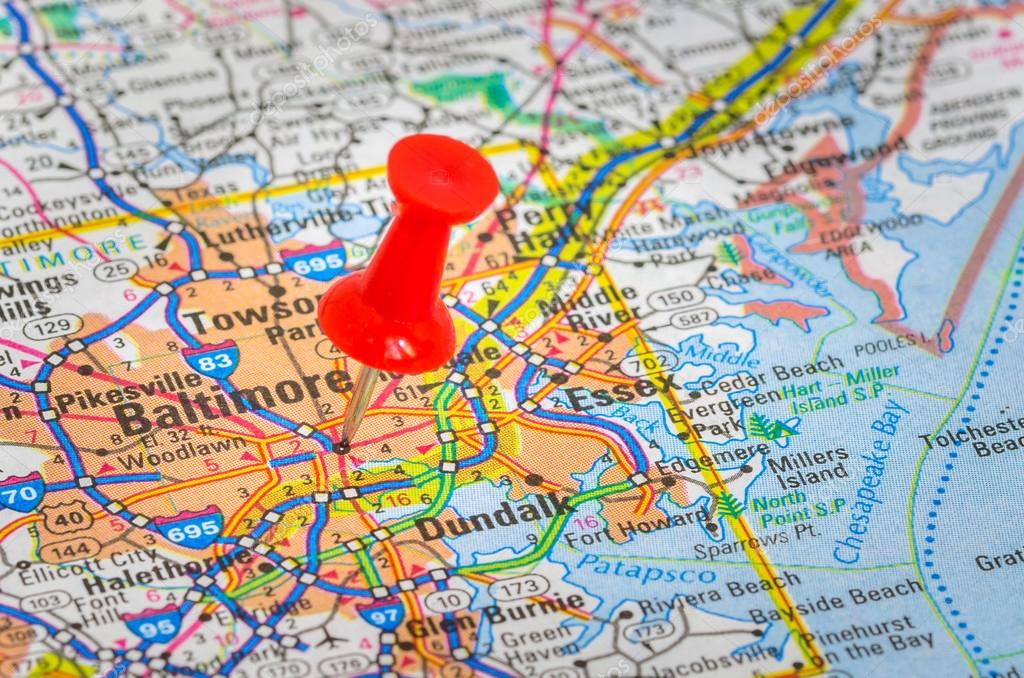 Red Pushpin on a Road Map of Baltimore Stock Photo by ©Alpegor6 126089214