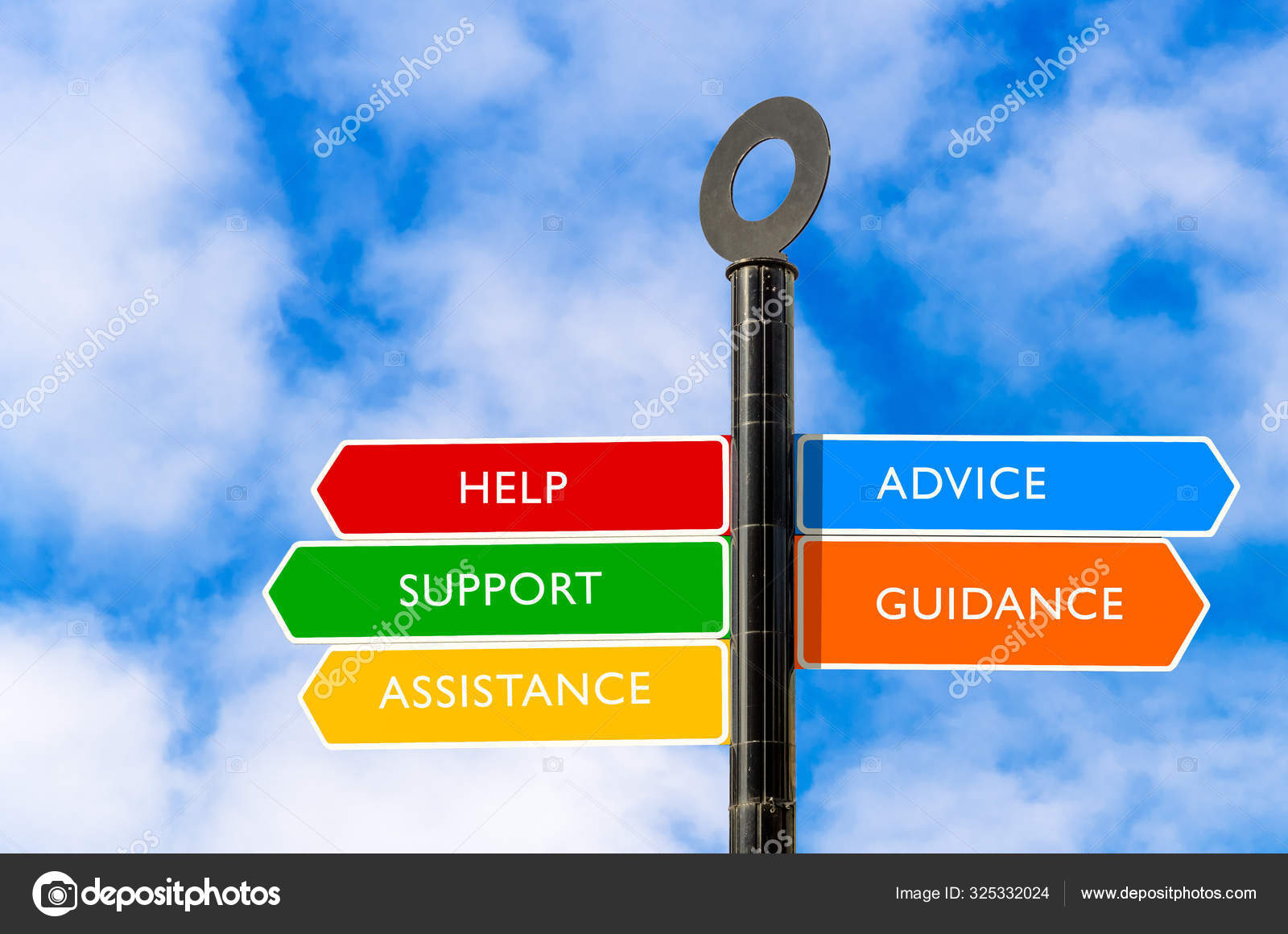 Colourful Conceptual Road Sign Help Guidance Blue Sky Background ...