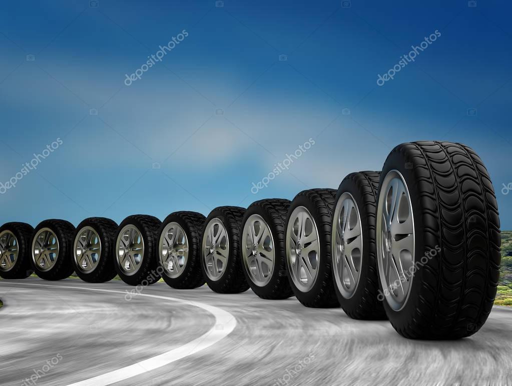 fila de ruedas de automóviles se precipitan en la carretera. 3d ...