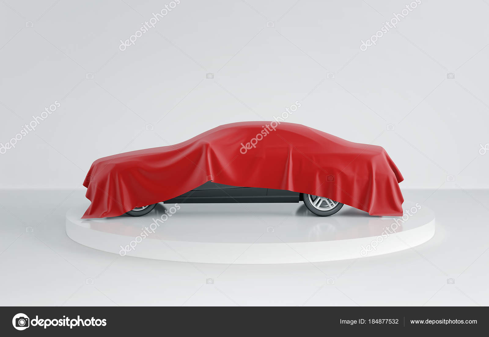 New black car hidden under red cover on white background. 3d render ...