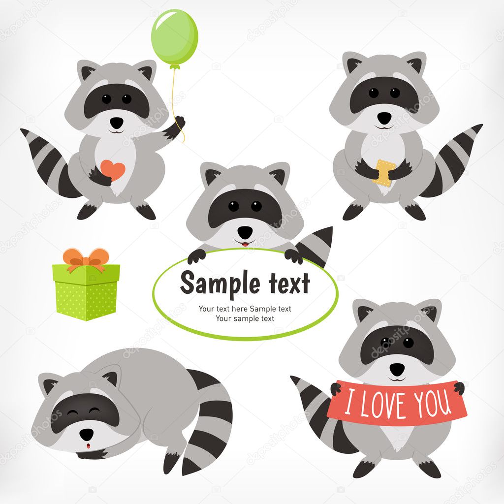 Mapache engastado con mapache de pie con globo, mapache con galleta ...