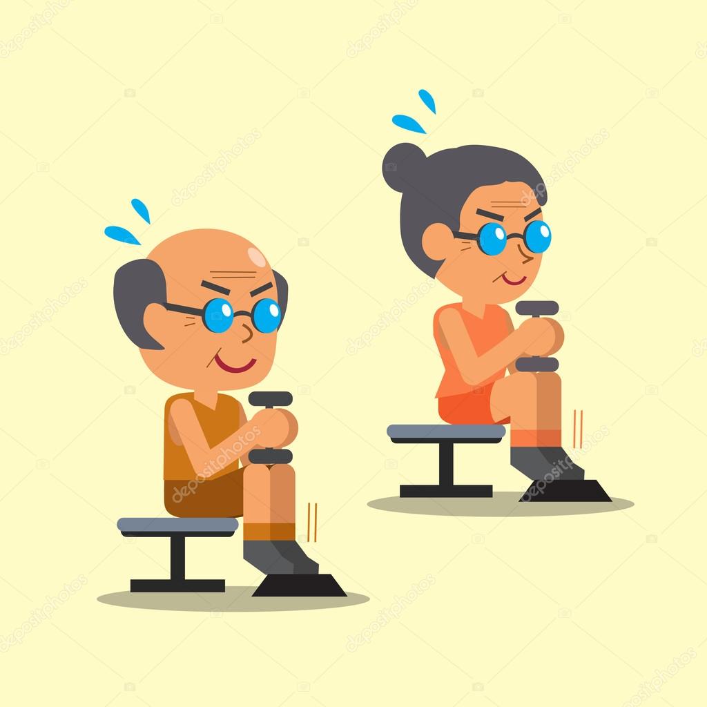 Cartoon senior man and woman doing dumbbell seated calf raise exercise ... Cartoon senior man and woman doing dumbbell seated calf raise exercise ...