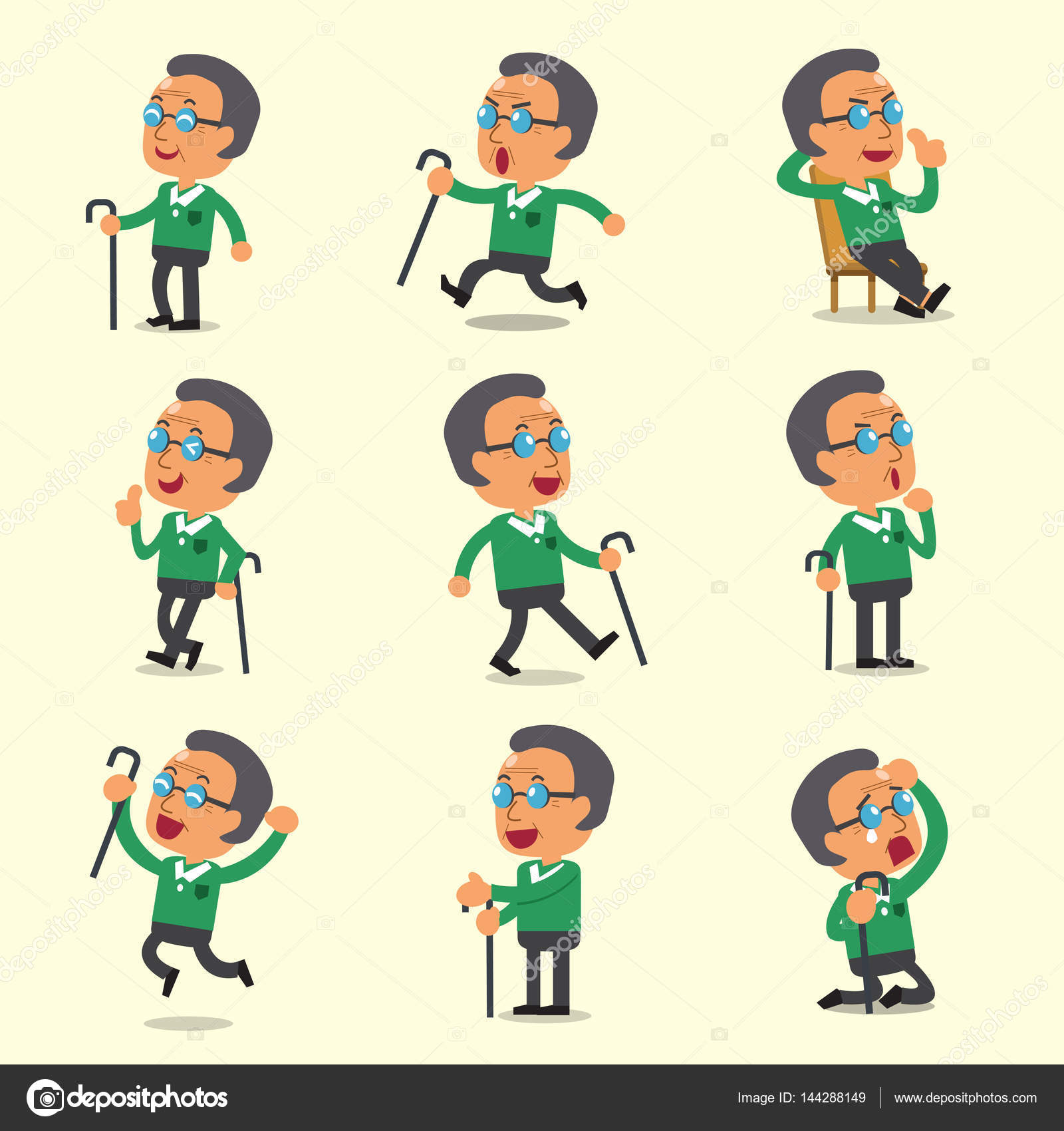 Kartun seorang pria tua berpose pada latar belakang kuning Vektor Stok ...