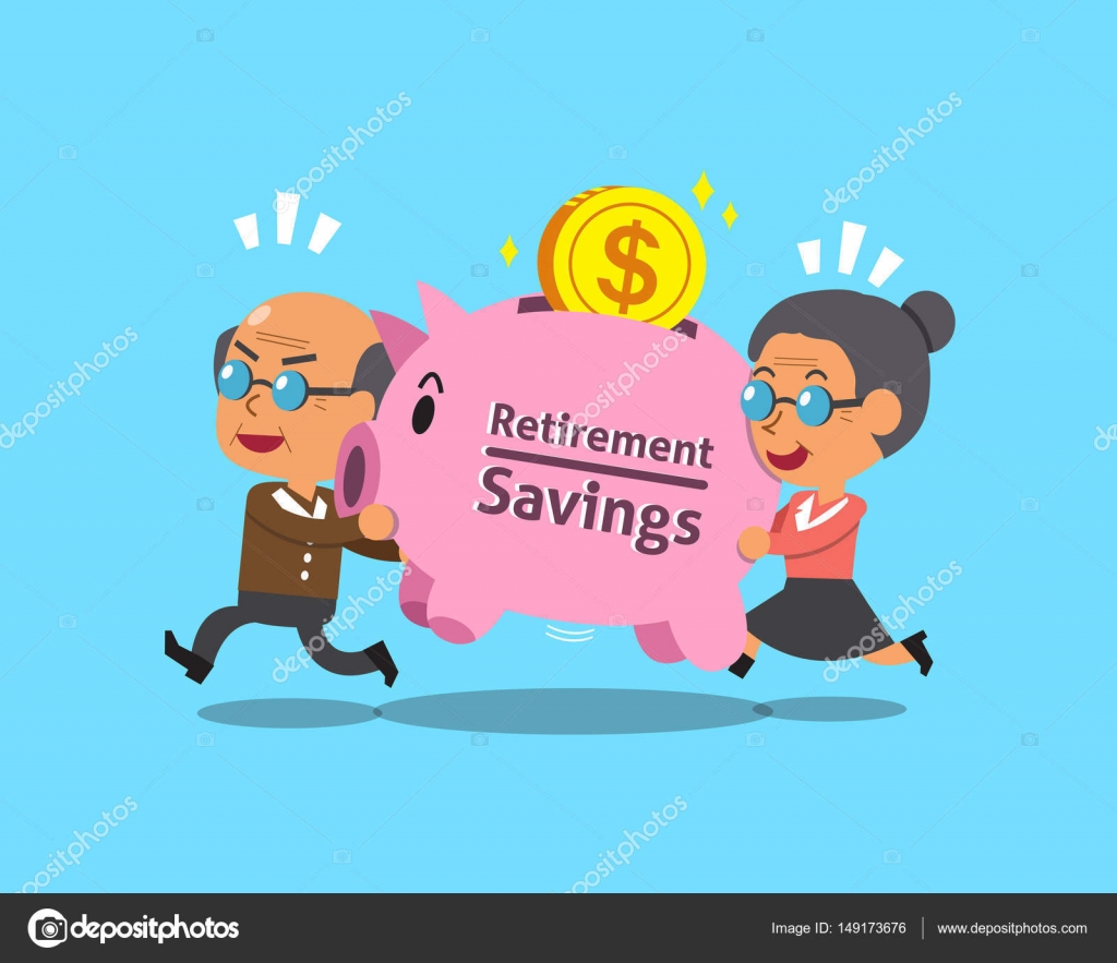 Cartoon old man and old woman carrying retirement savings pink piggy ...