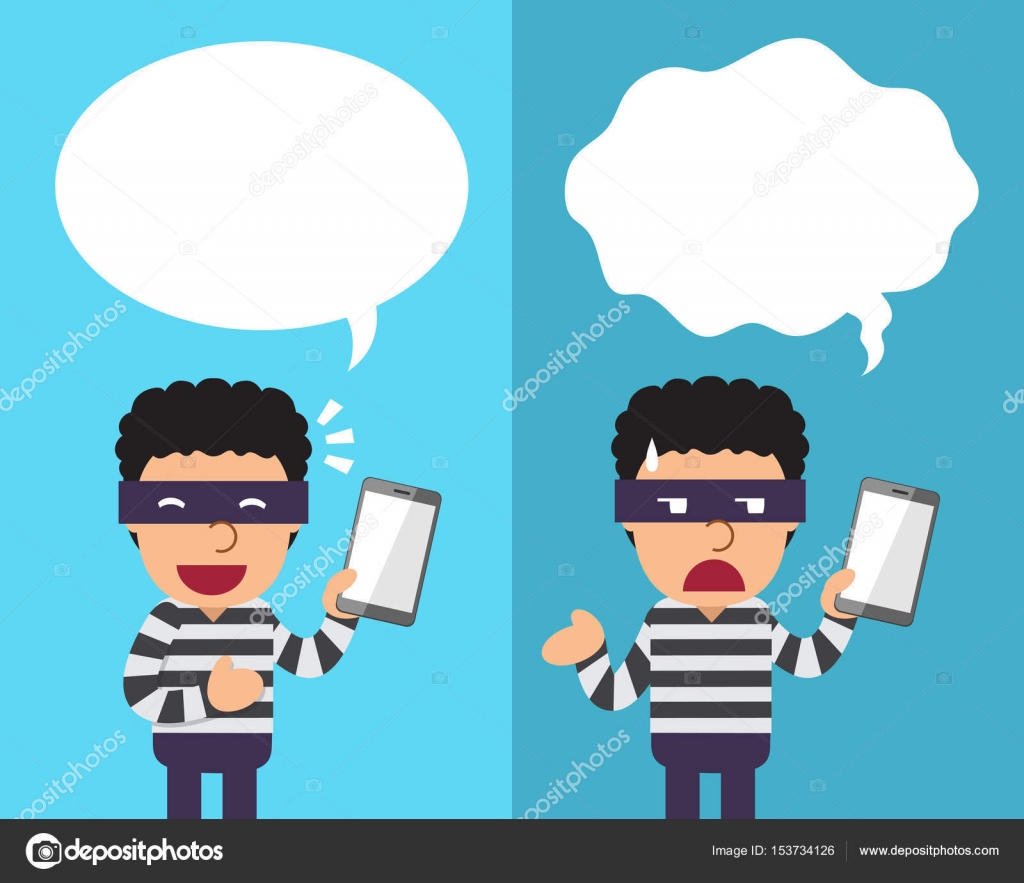 Cartoon thief with smartphone expressing different emotions with speech ...