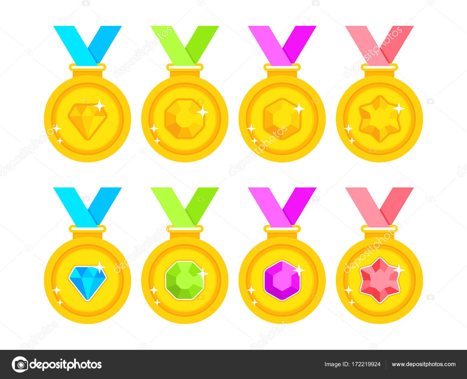 Set of award medals with colored ribbons on white background Stock ...