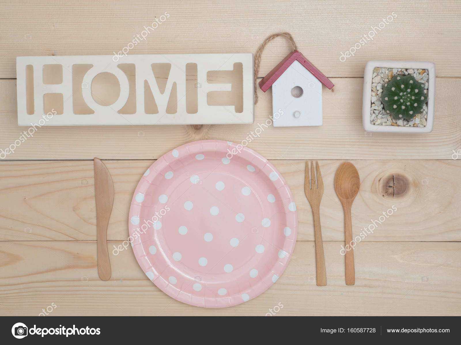 Top view empty color dish, fork and spoon on wooden table.Color dish ...