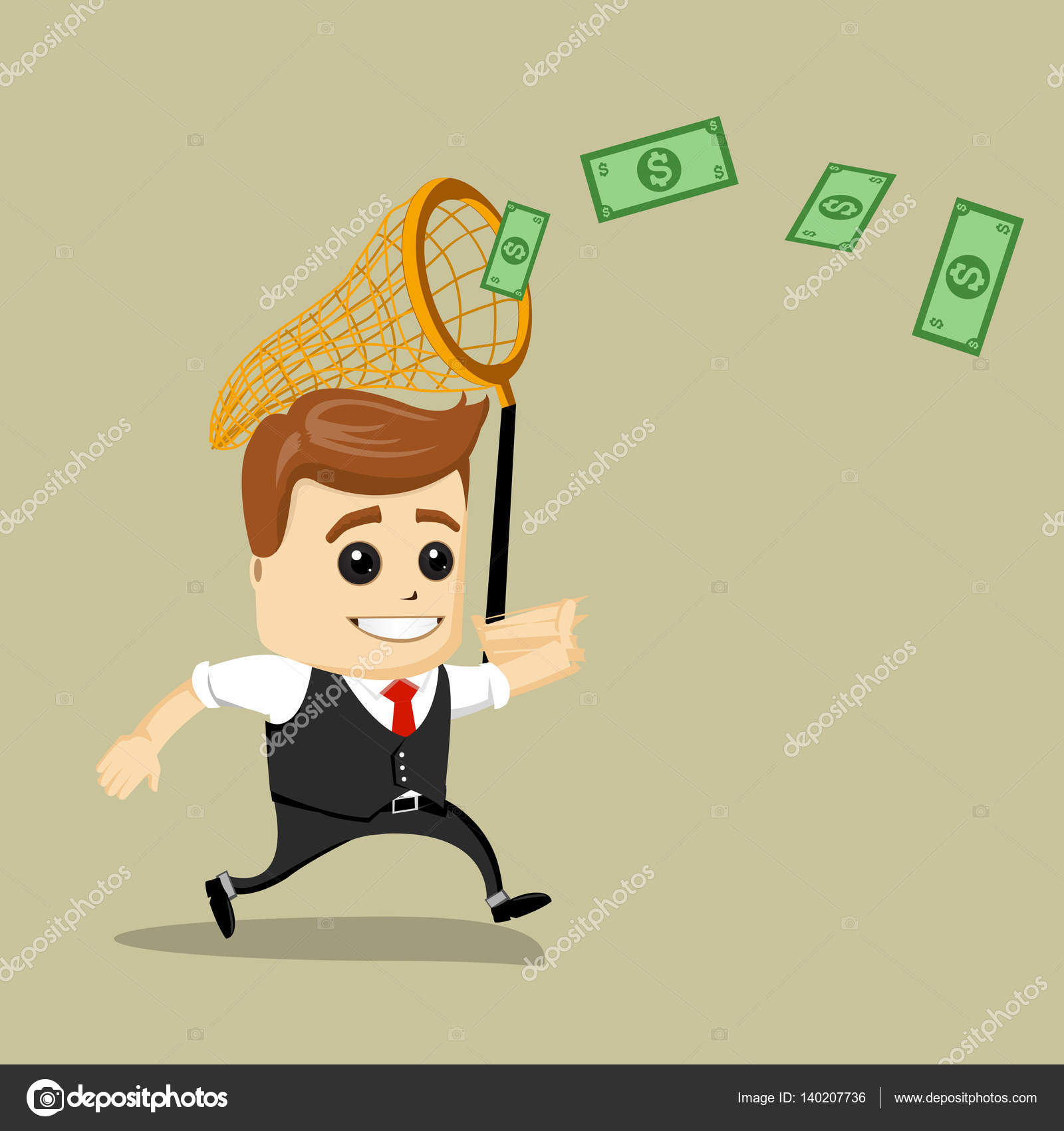 Businessman catching money with a butterfly net. Vector illustration ...