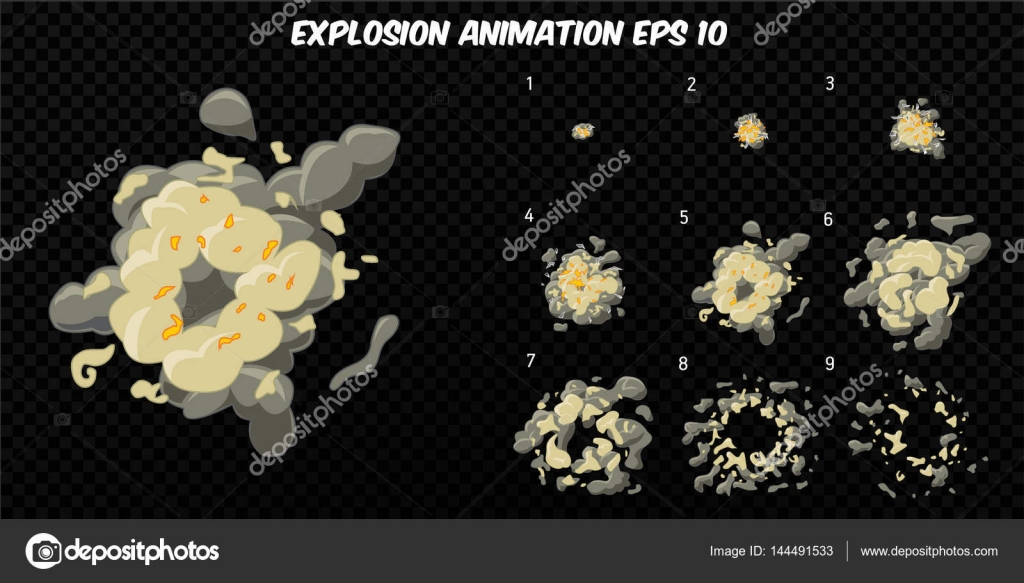 Vectorul explodează. Exploda efect de animație cu fum. Desene animate ...