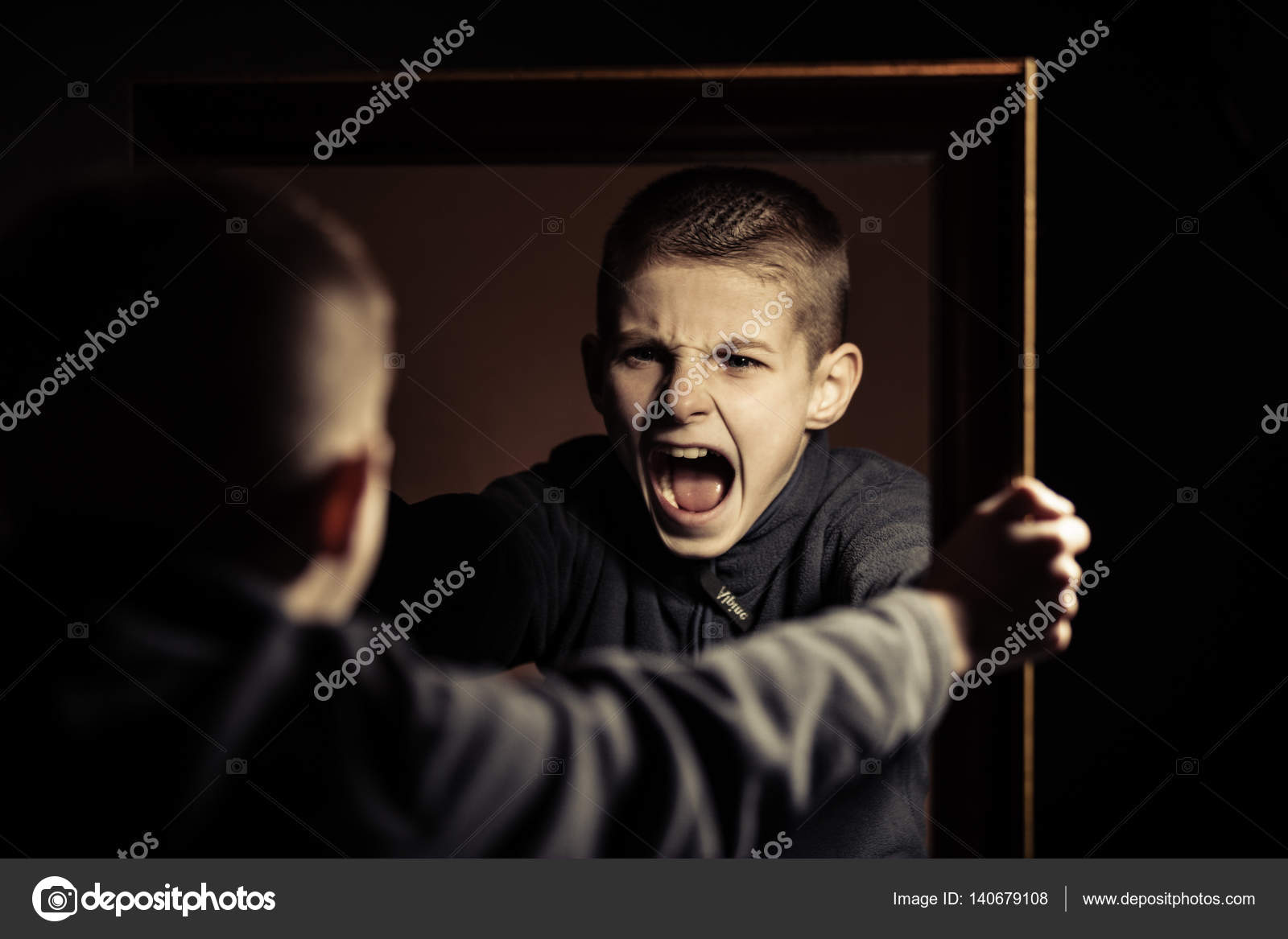 Angry Boy Shouting on his Own Mirror Reflection Stock Photo by ...