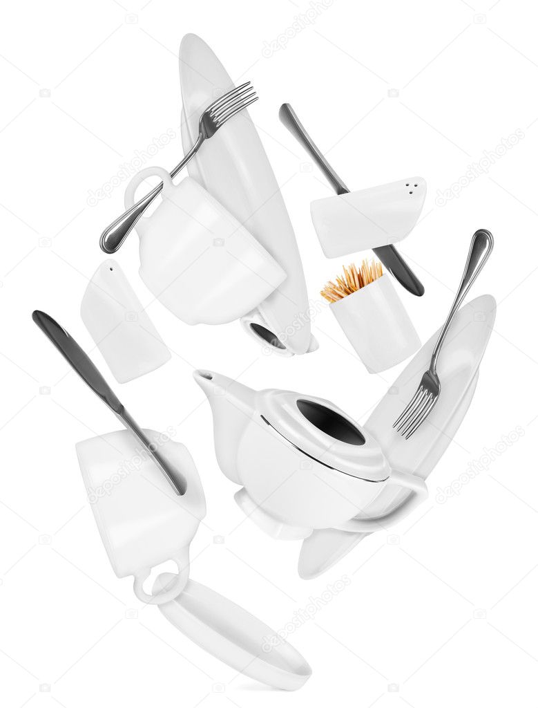 Dishes in flight on white background Stock Photo by ©Vadarshop 126164670