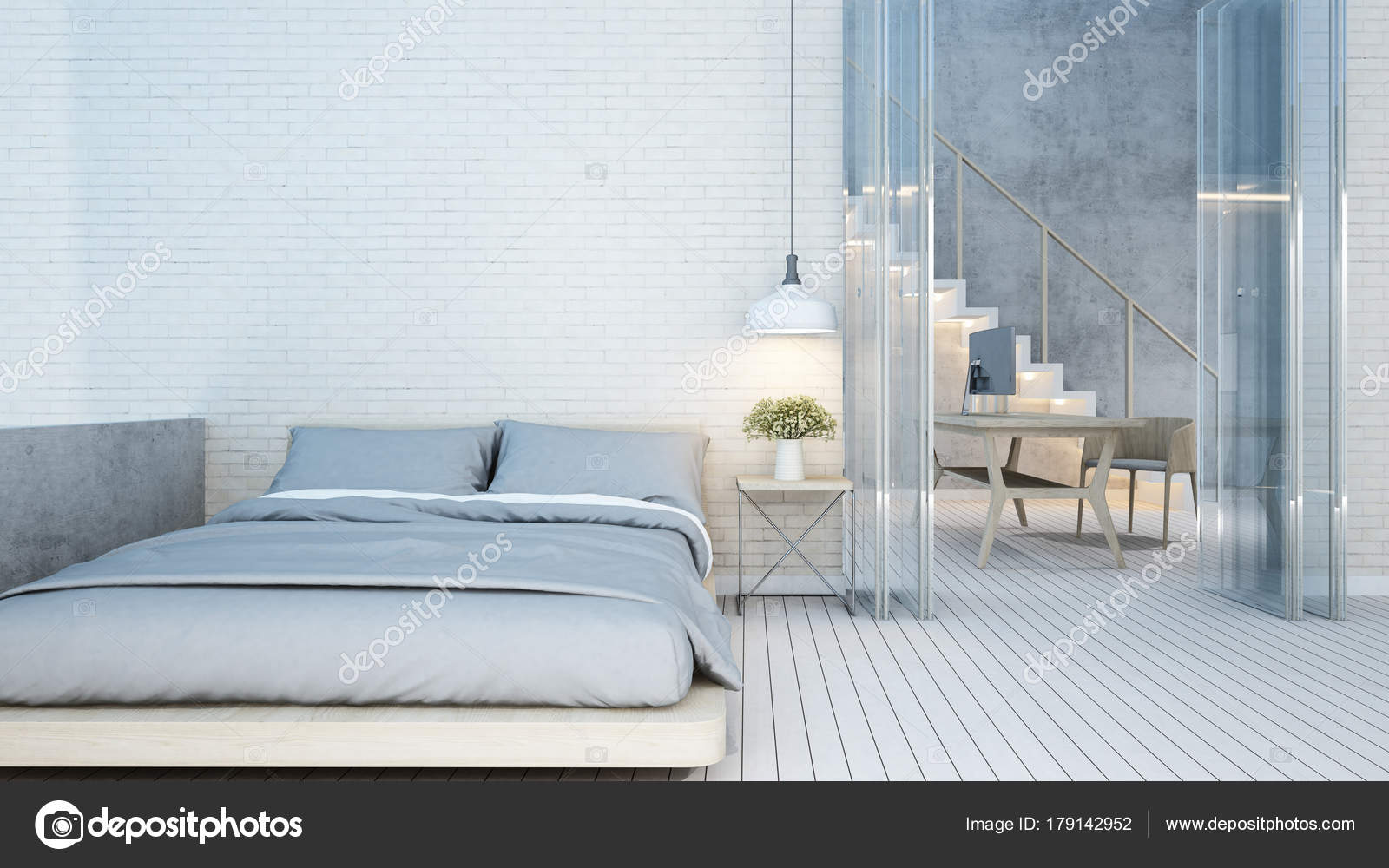 Bed room and workspace white tone in hotel or apartment - 3D Rendering ...