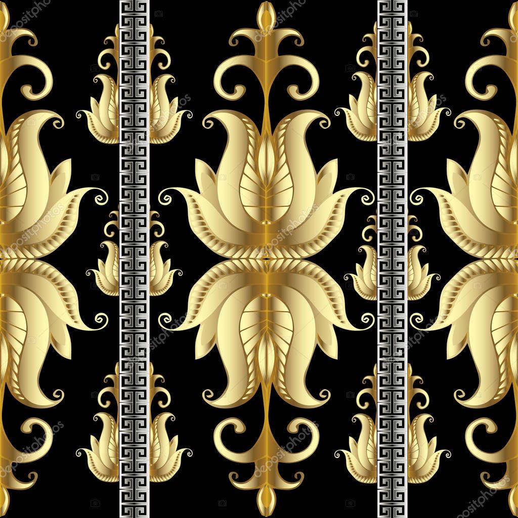 Striped floral gold meander seamless pattern. Greek key border — Stock ...