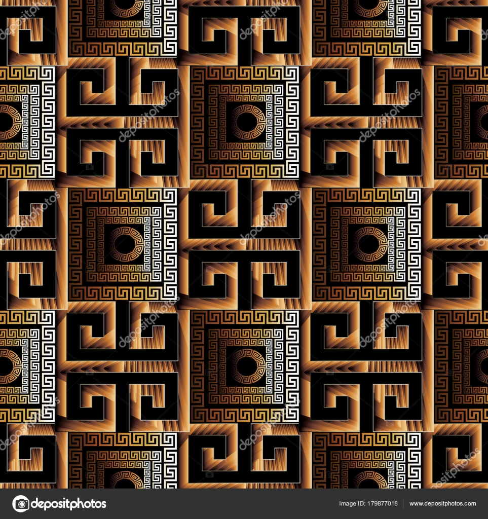 Meander greek key 3d seamless pattern. Black and gold pattern Stock ...