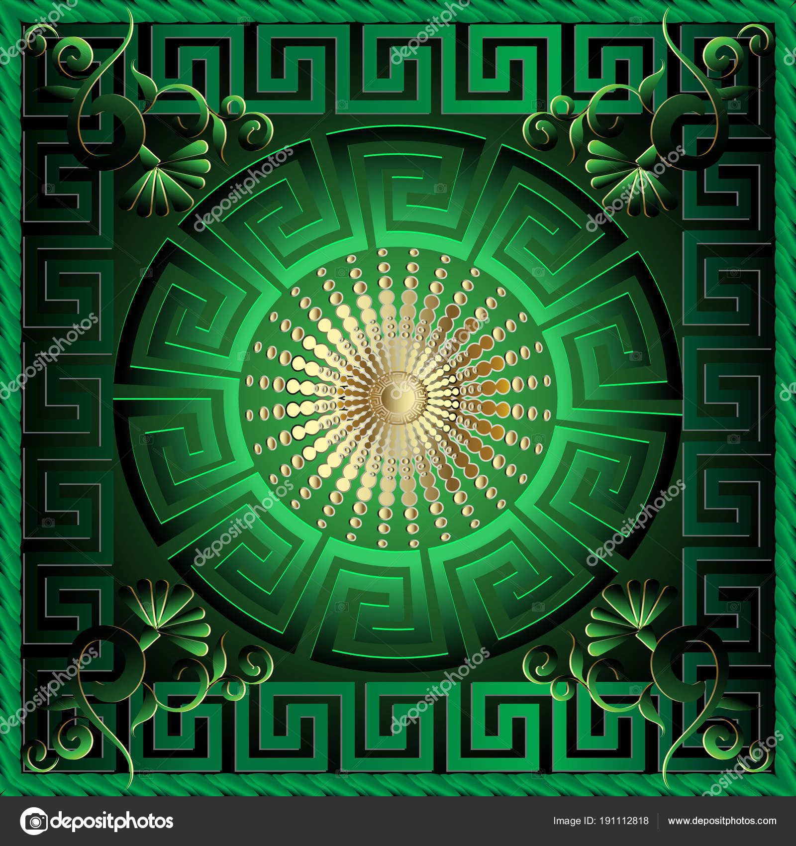 Greek 3d square panel pattern. Floral green vector background. Stock ...