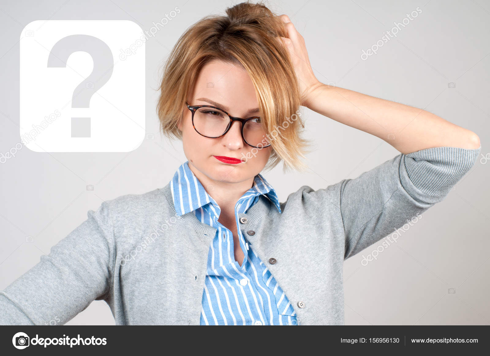 Thinking women with question mark on white background Stock Photo by ...